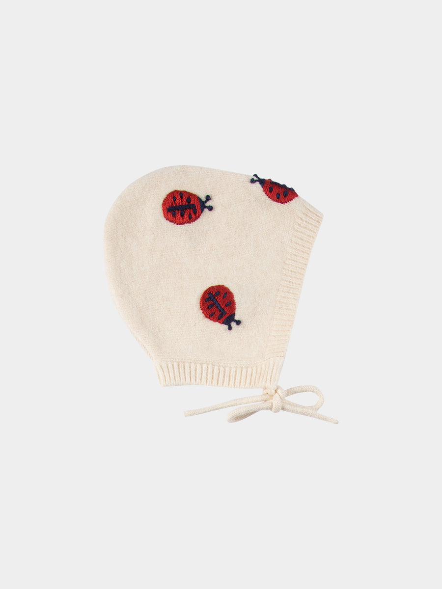 Quinn Hand-Embroidered Knitted Bonnet, Ladybird, Almond White – HAPPYOLOGY